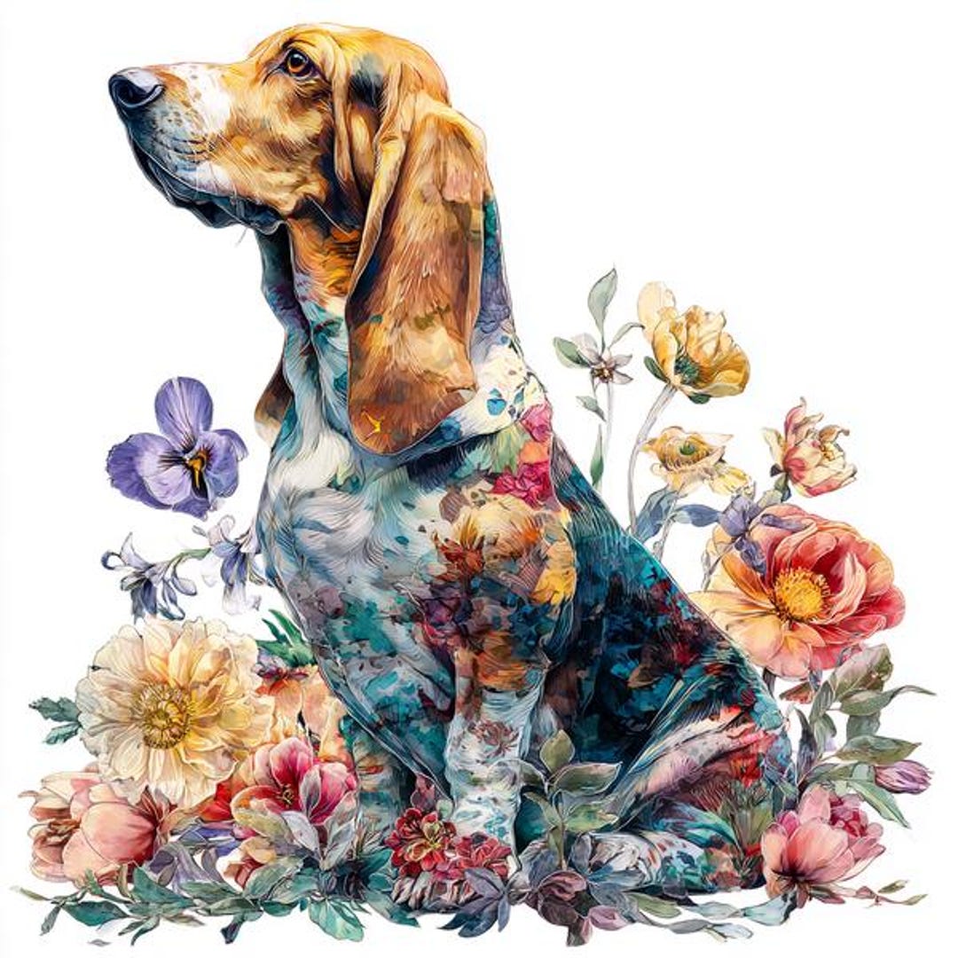 8 Floral Basset Hound Dog Clipart, Pet Portrait, Watercolor Printable ...