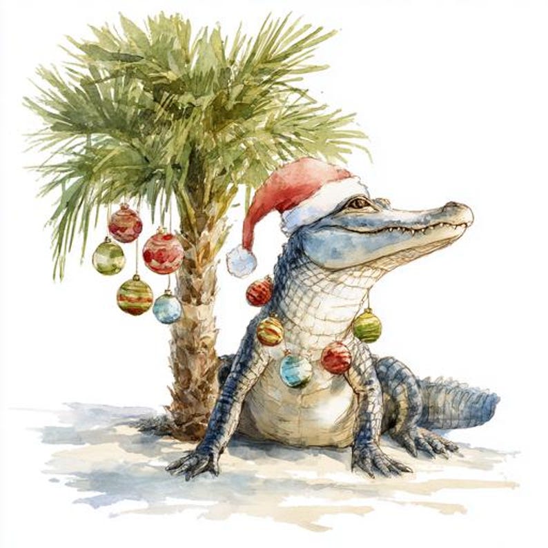 8 Santa Alligator Christmas Clipart, Tropical Beach Watercolor ...