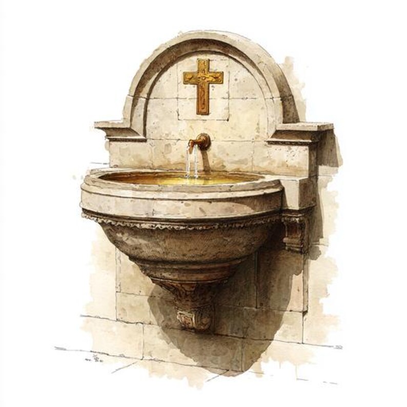8 Catholic Holy Water Font Clipart, Christian Prayer Watercolor ...