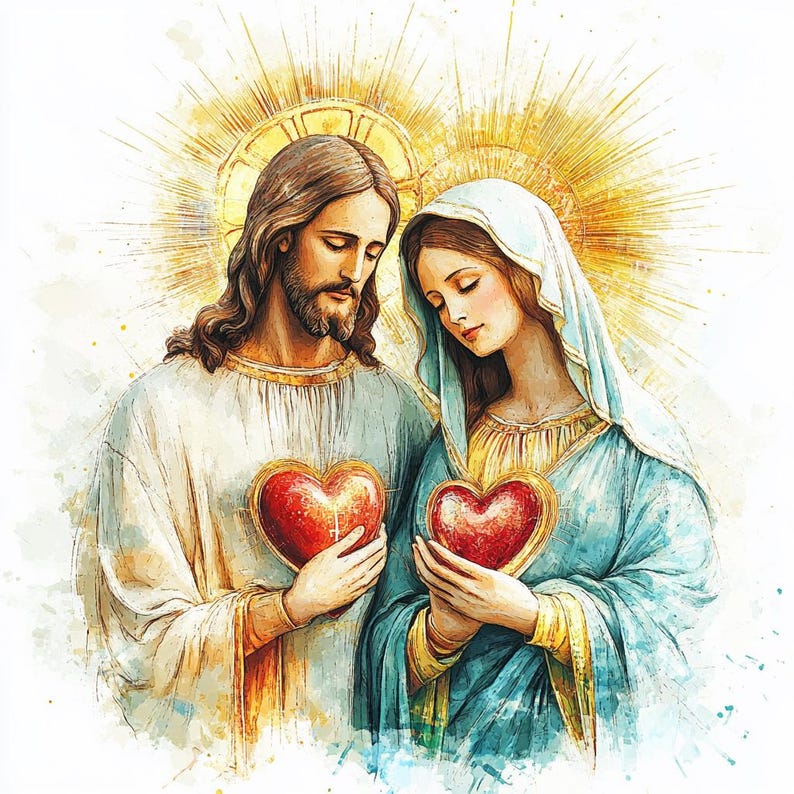 8 Jesus and Mary Clipart Sacred Immaculate Heart Clipart Watercolor ...