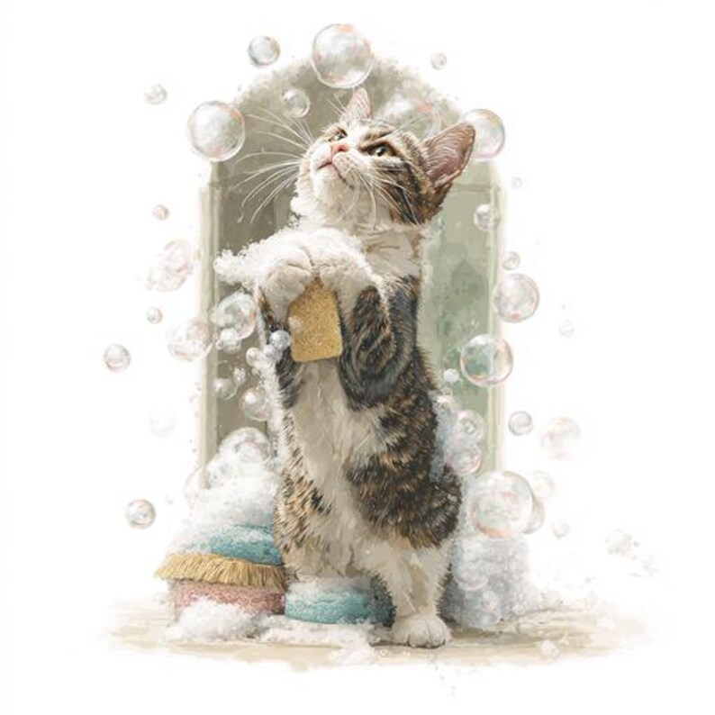 8 Kitten Shower Clipart Cat Bath, Watercolor Printable, Funny Pet in ...