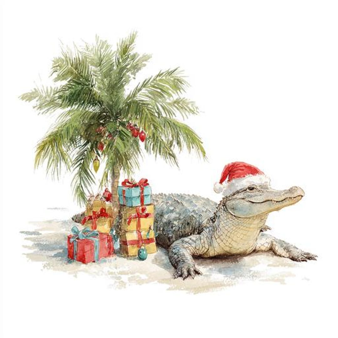 8 Santa Alligator Christmas Clipart, Tropical Beach Watercolor ...