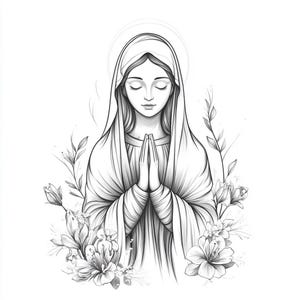 4 Virgin Mary With Flowers Clip Art Our Lady Floral Black & White ...
