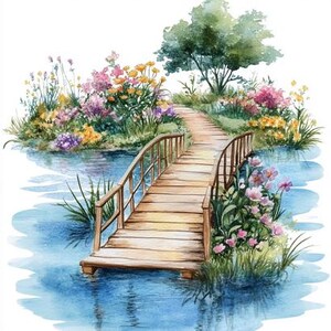 8 Wooden Footbridge Clipart on River Lake Digital Download Watercolor ...