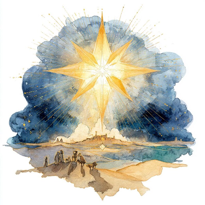 8 Bethlehem Night Star Clipart, Celestial Christmas Watercolor ...