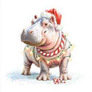 8 Santa Hippo Clipart, Christmas Animal Image Watercolor Printable ...