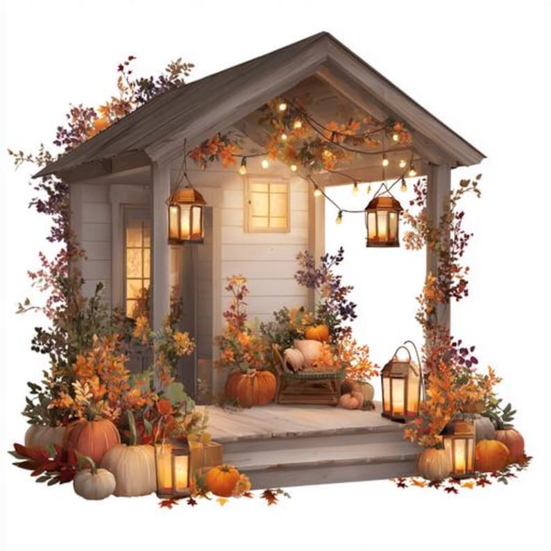 8 Autumn House Porch Clipart, Fall Veranda Watercolor Printable ...