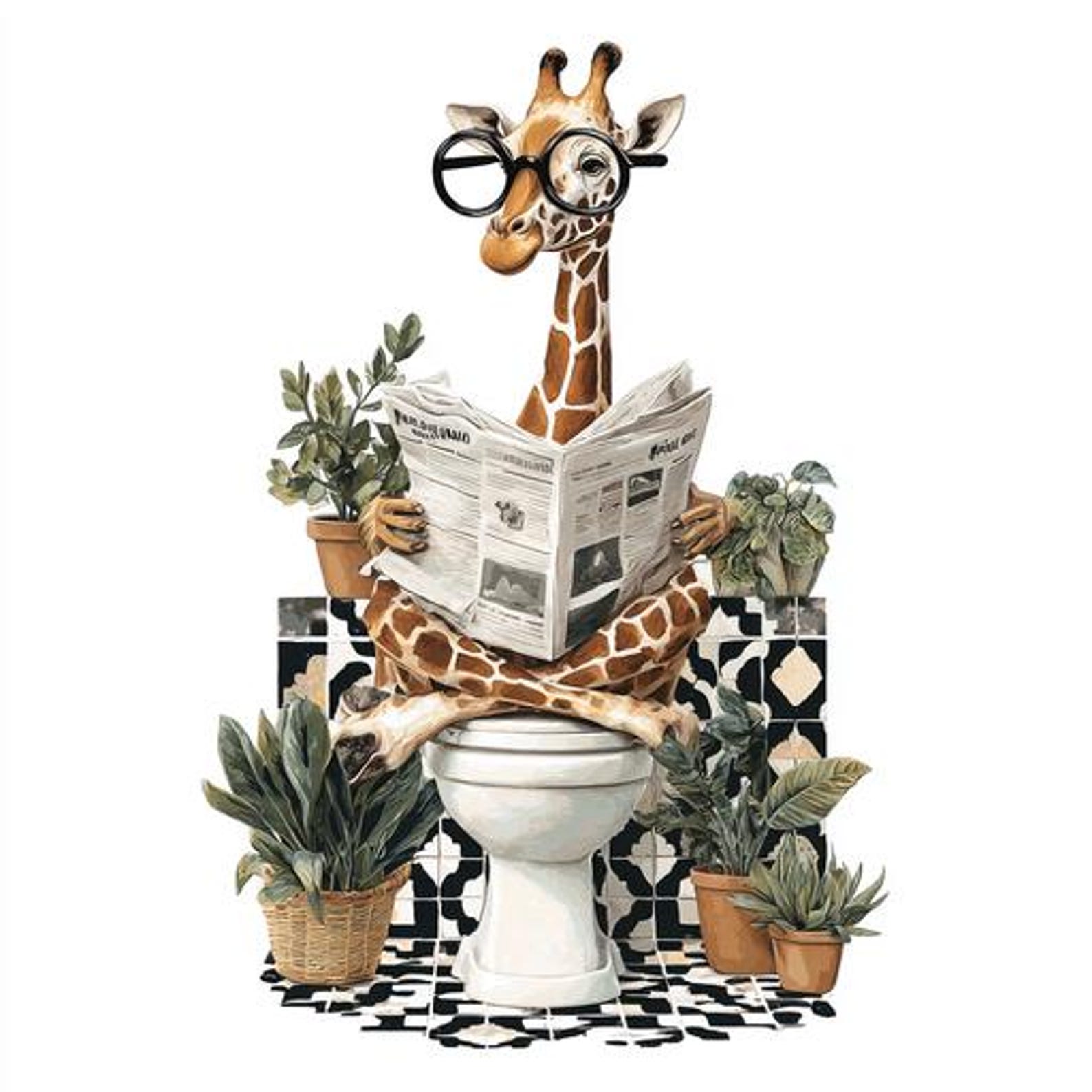 8 Quirky Giraffe on Toilet Clipart, Watercolor Printable, Funny ...