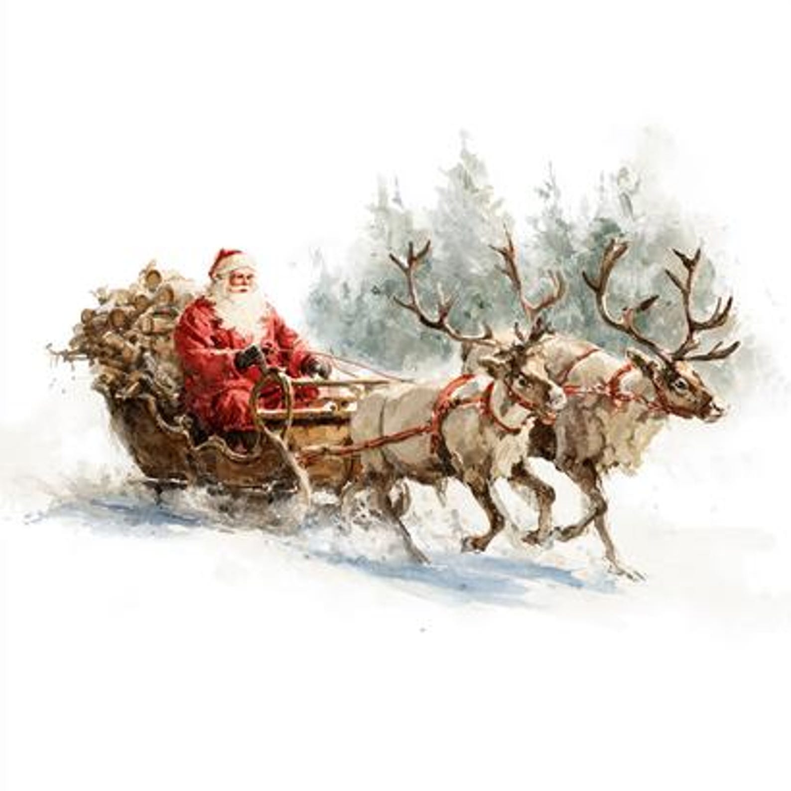 8 Rustic Santa Clipart Sleigh and Reindeer Watercolor Printable Card ...