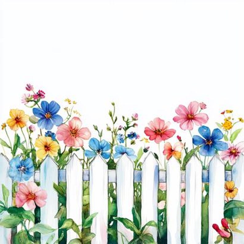 8 Floral Fence Clipart Summer Flower Garden Watercolor Printable ...