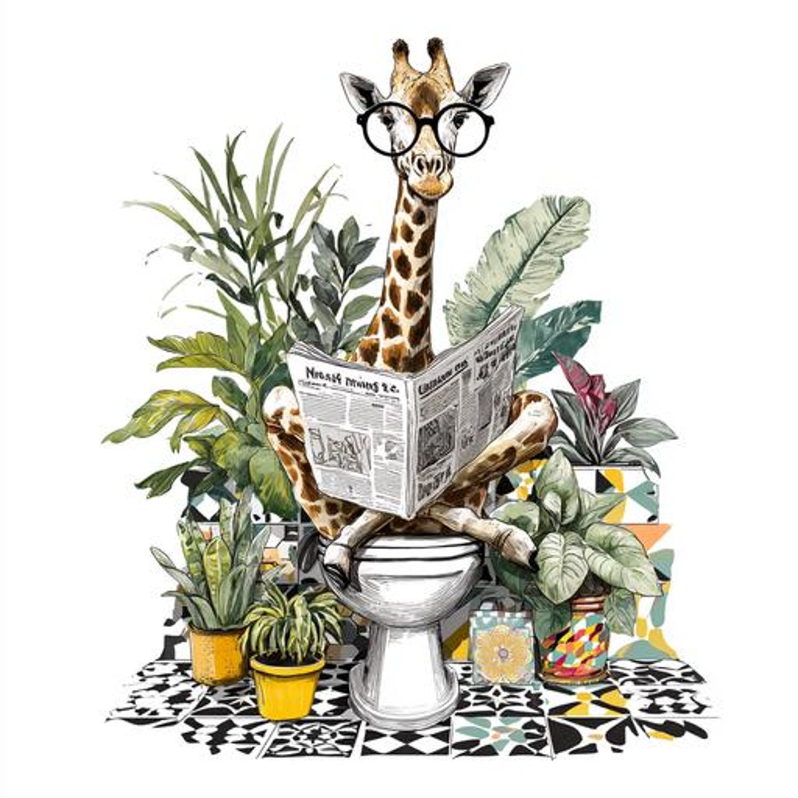 8 Quirky Giraffe on Toilet Clipart, Watercolor Printable, Funny ...