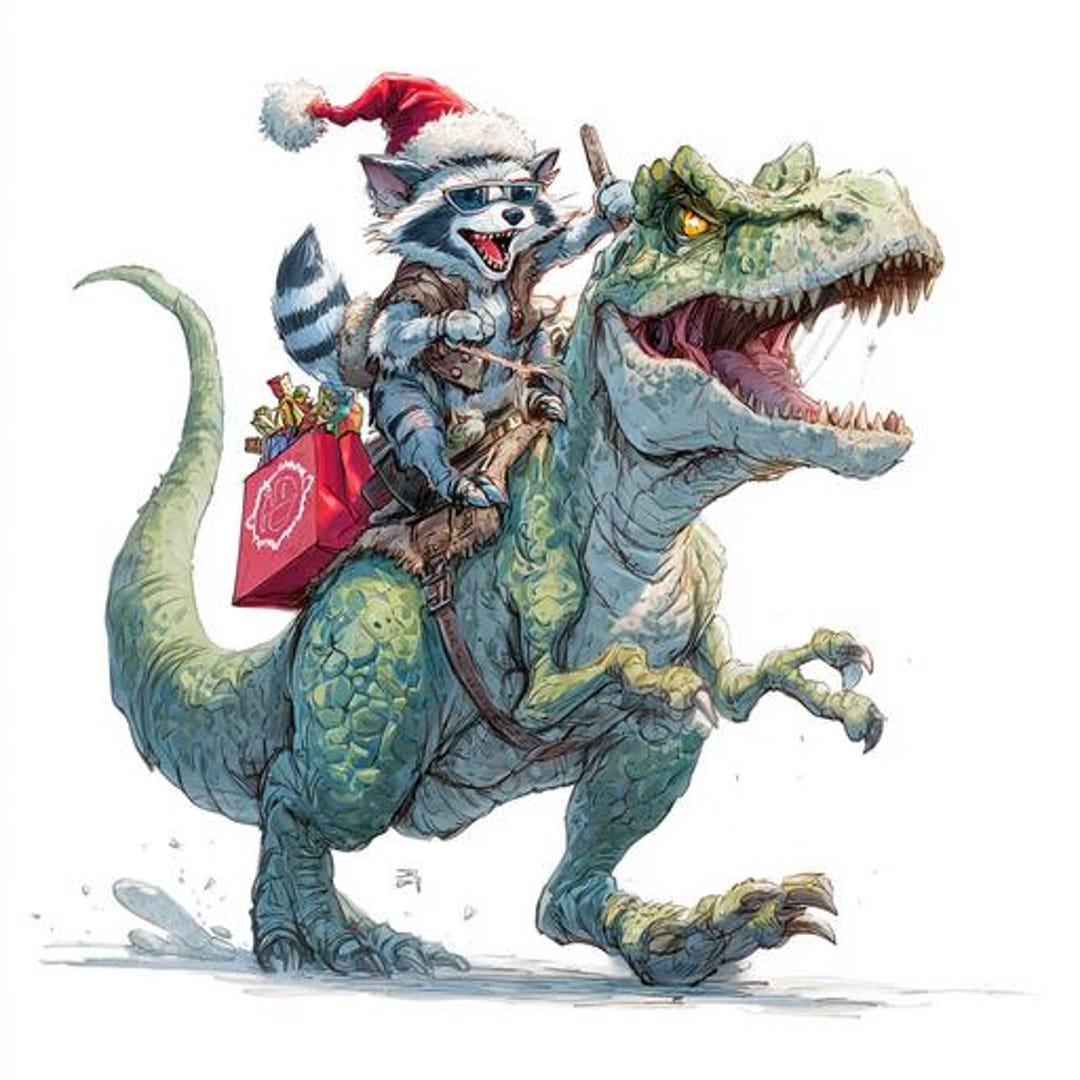 8 Christmas T-rex With Raccoon Clipart, Cute Holiday Animal Watercolor ...