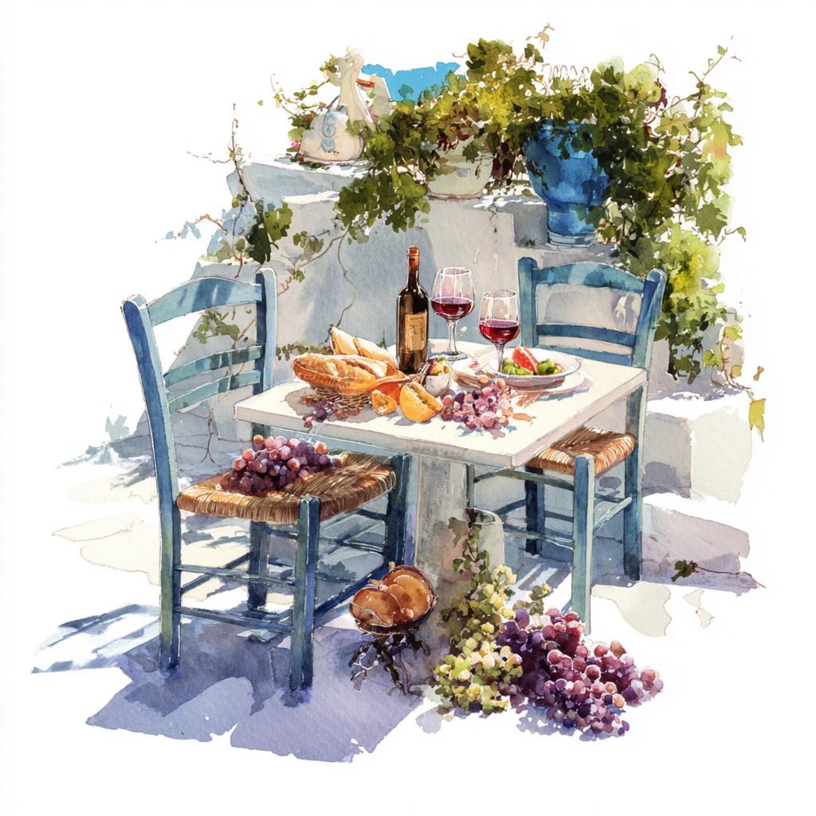 8 Mediterranean Table Clipart Food Wine Grapes Travel Vibes Watercolor ...