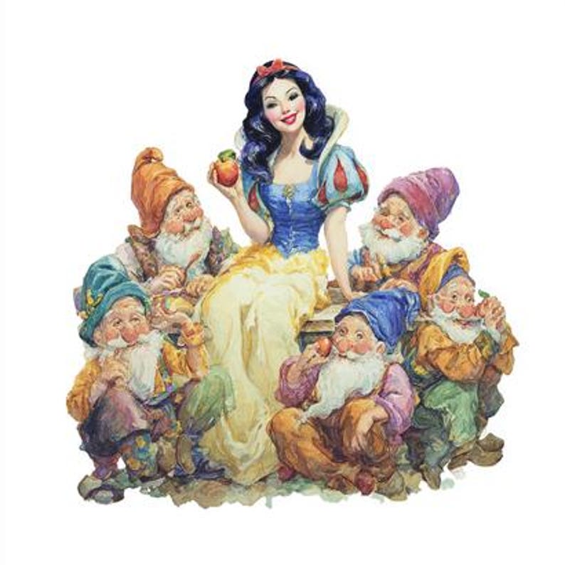 8 Retro Snow White Clipart Fairy Tales Princess and Seven Dwarfs ...