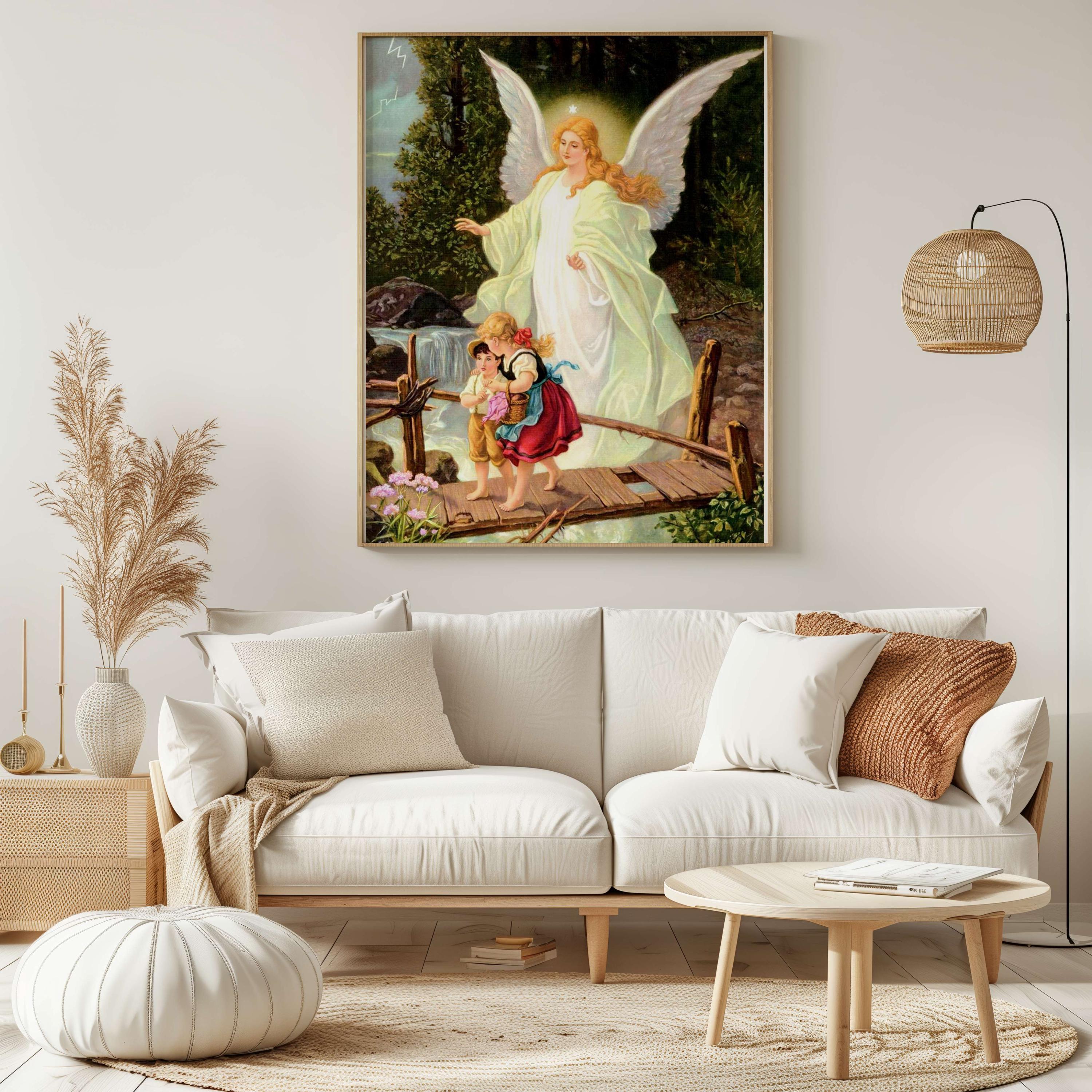 Guardian Angel With Children Crossing Bridge Watching Over Kids Vintage ...