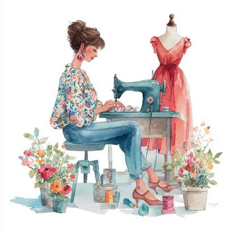 8 Young Woman Sewing Seamstress Clipart Watercolor Printable High ...