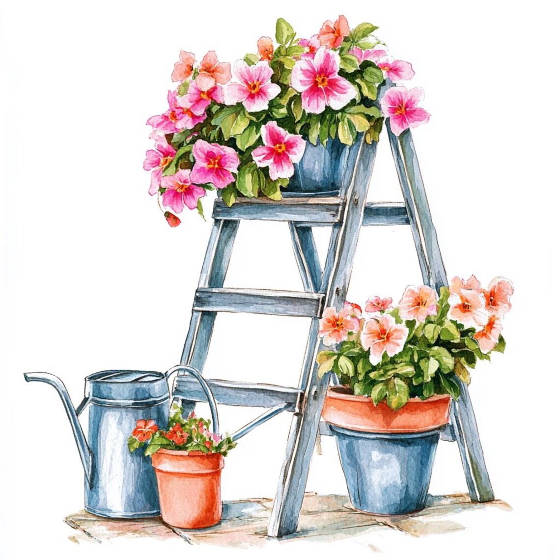 8 Floral Wooden Step Ladder With Roses Flowers Watercolor Printable ...