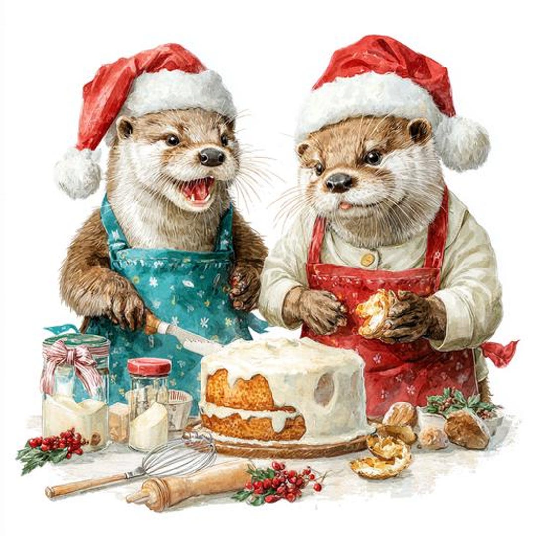 8 Santa Otters Clipart, Christmas Cozy Holiday Animals Cooking ...