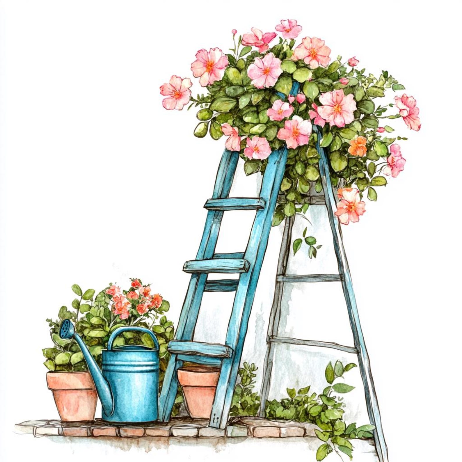 8 Floral Wooden Step Ladder With Roses Flowers Watercolor Printable ...