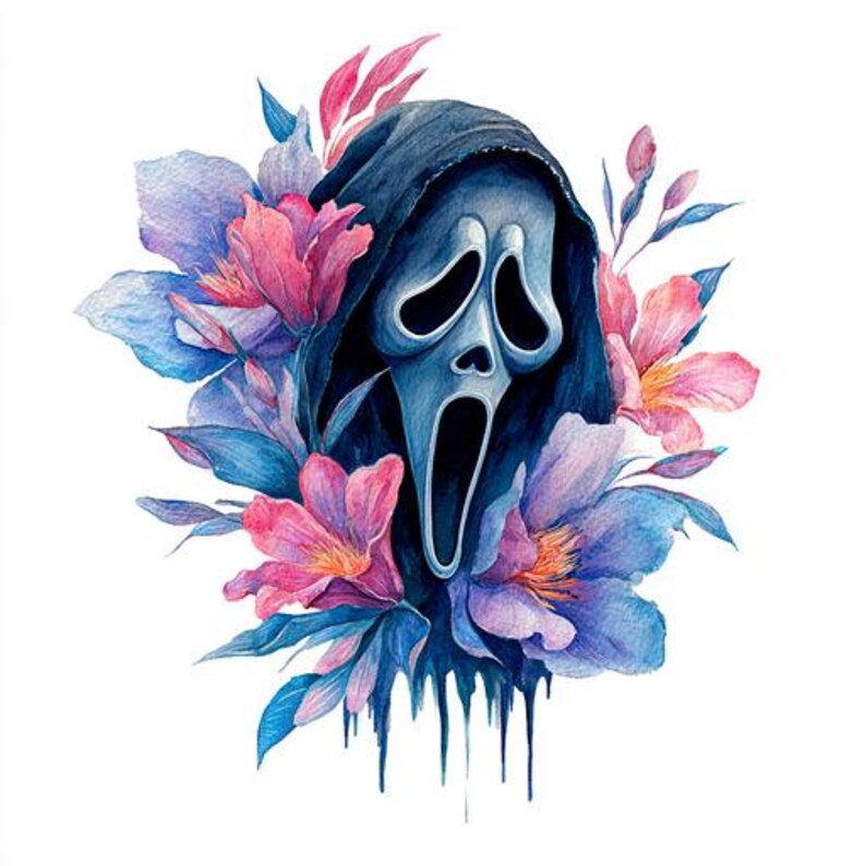 8 Floral Ghostface Mask Clipart, Scary Halloween, Watercolor Printable ...
