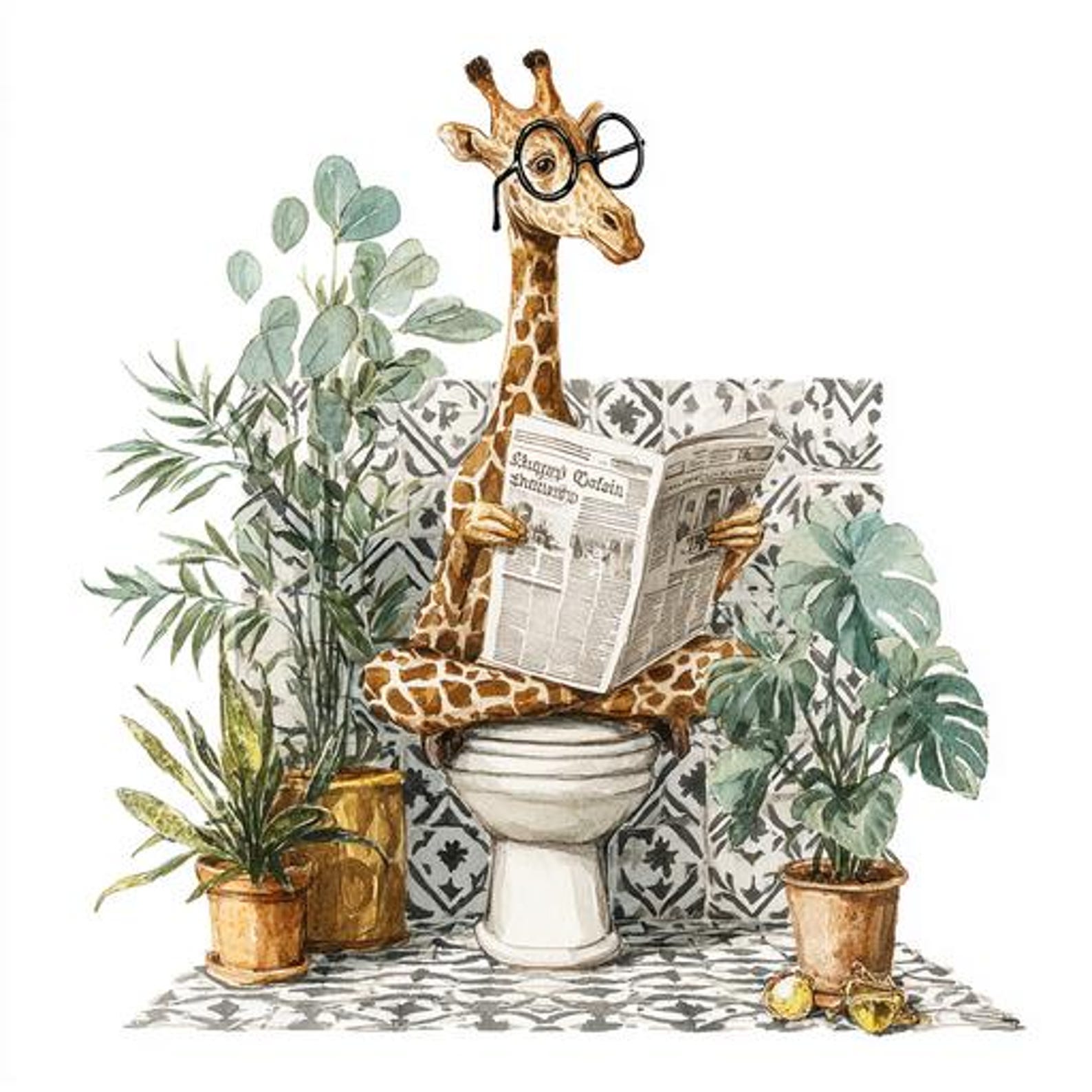 8 Quirky Giraffe on Toilet Clipart, Watercolor Printable, Funny ...