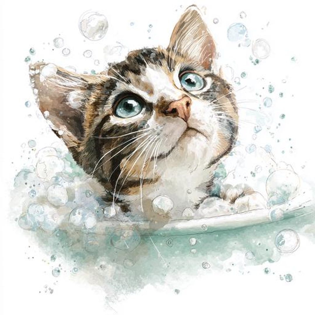8 Sweet Kitten Cat in Bathtub Clipart Watercolor Printable Funny ...