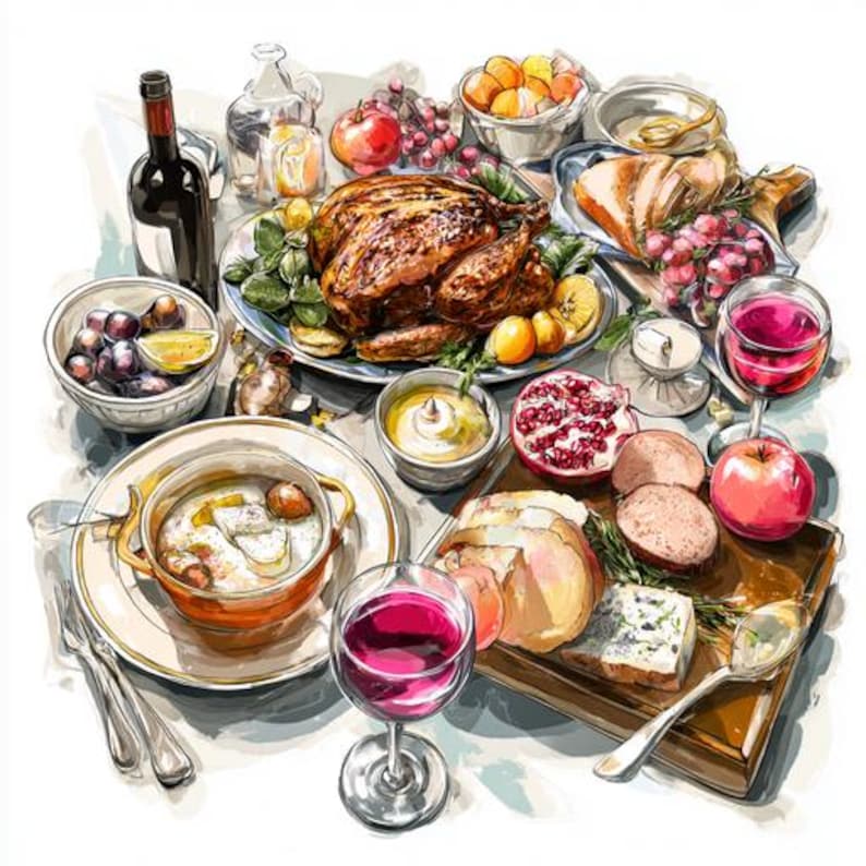 8 Thanksgiving Dinner Table Clipart, Watercolor Printable, Digital ...