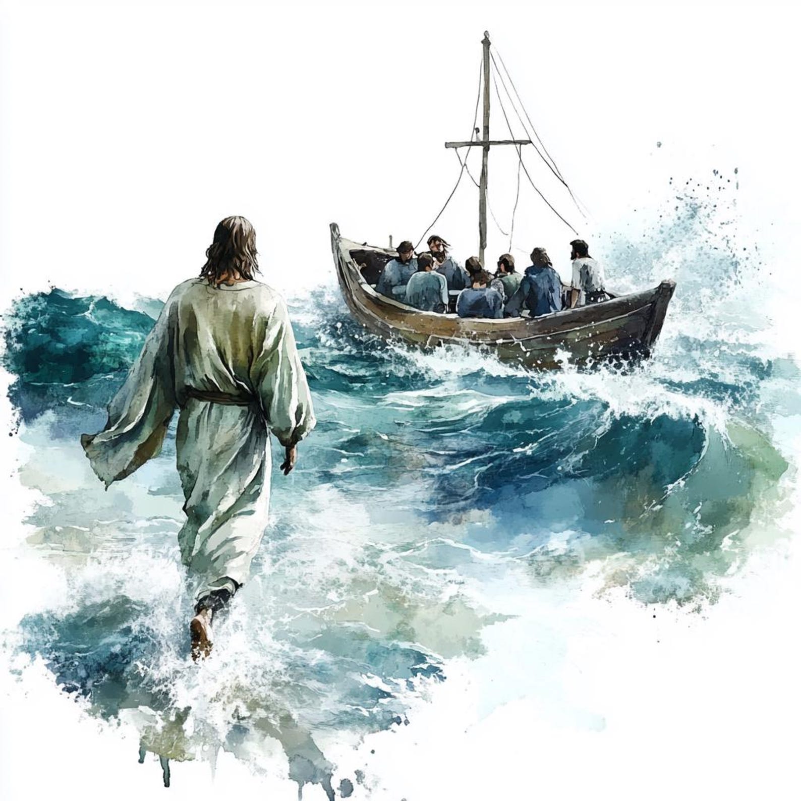 8 Jesus Walking on Water Clipart Printable Watercolor Jesus at Sea ...