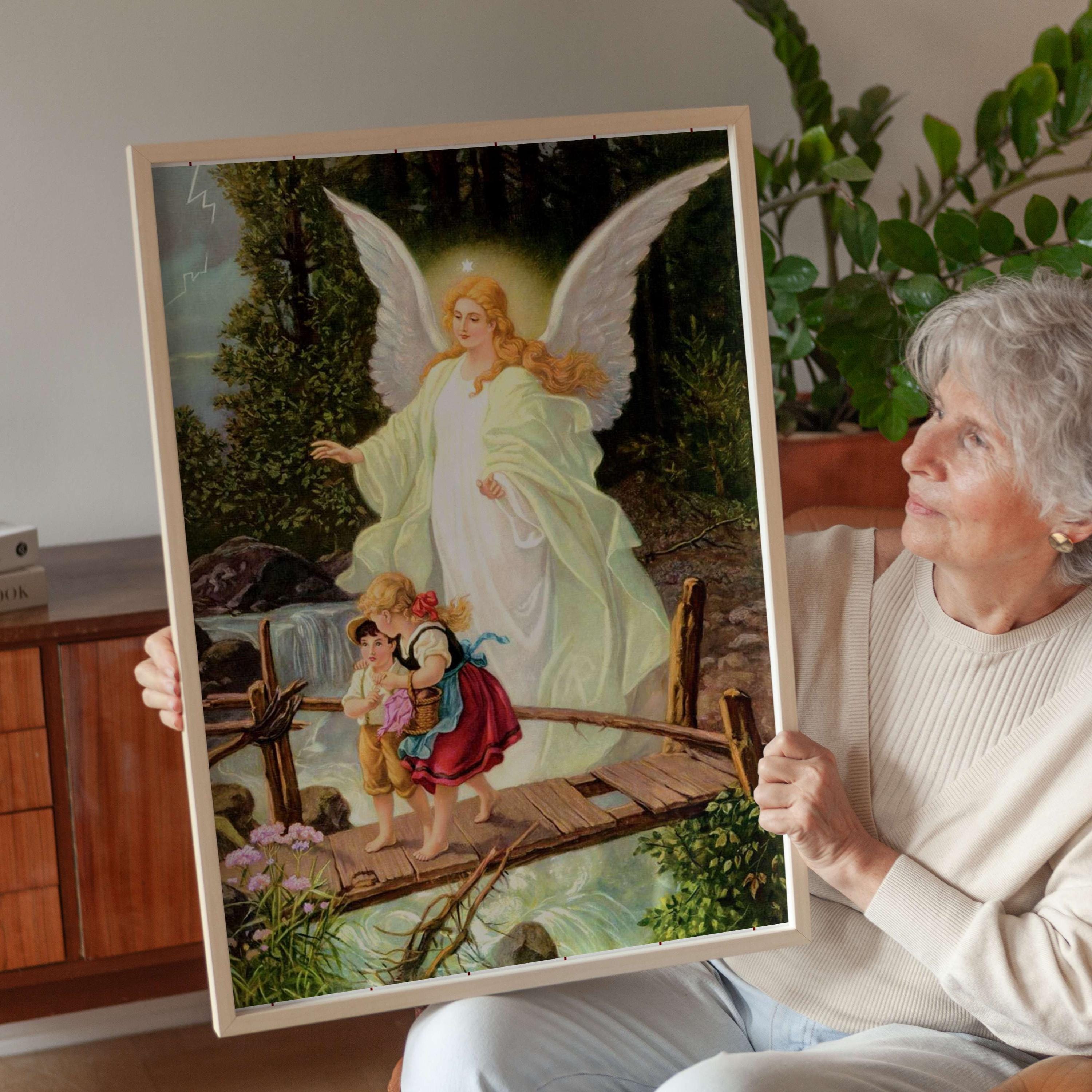 Guardian Angel With Children Crossing Bridge Watching Over Kids Vintage ...