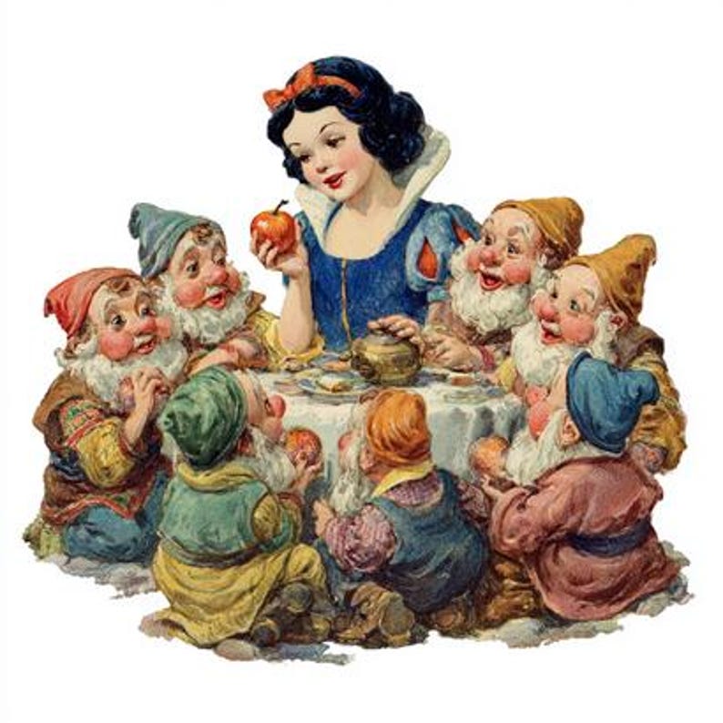 8 Retro Snow White Clipart Fairy Tales Princess and Seven Dwarfs ...