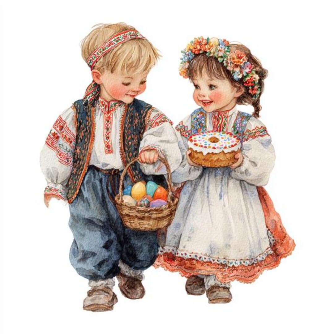 8 Orthodox Easter Clipart, Kids With Eggs Basket Watercolor Printable ...