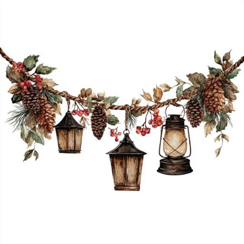 8 Rustic Christmas Border Clipart, Light Garlands Frame, Watercolor ...