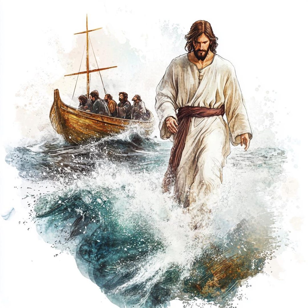 8 Jesus Walking on Water Clipart Printable Watercolor Jesus at Sea ...