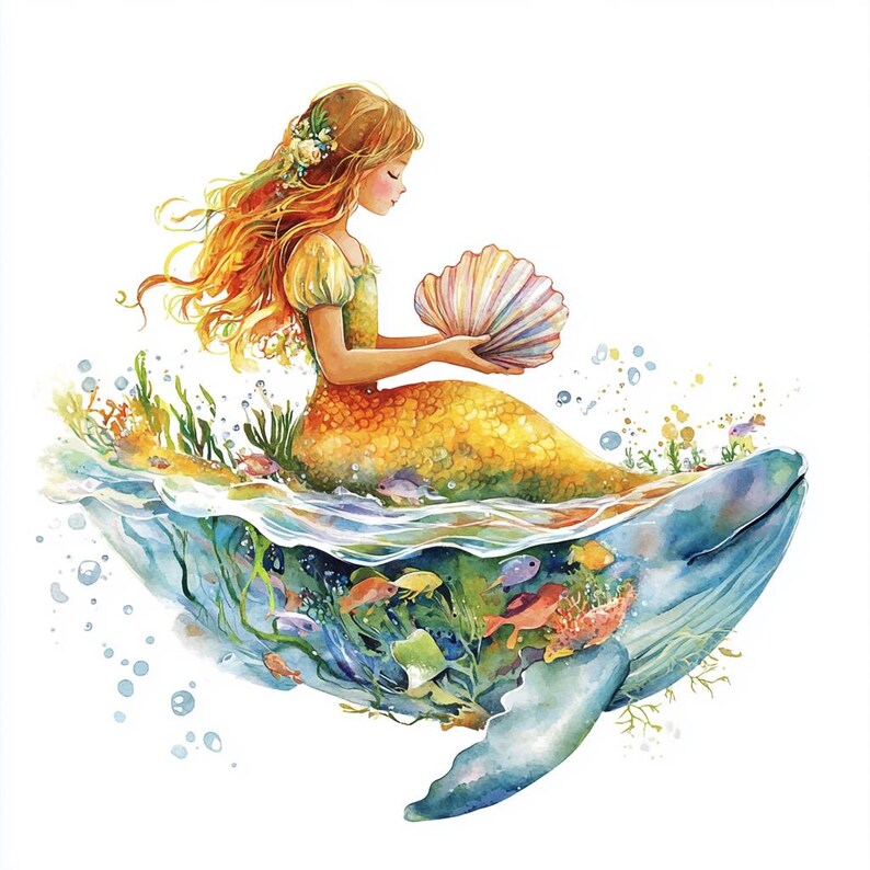 8 Little Mermaid Girl Clipart Whale Clipart PNG Watercolor Printable ...