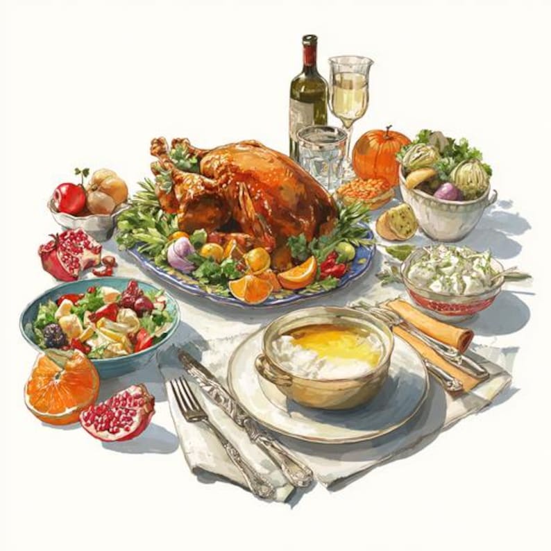 8 Thanksgiving Dinner Table Clipart, Watercolor Printable, Digital ...