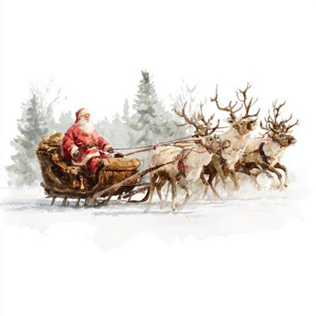 8 Rustic Santa Clipart Sleigh and Reindeer Watercolor Printable Card ...