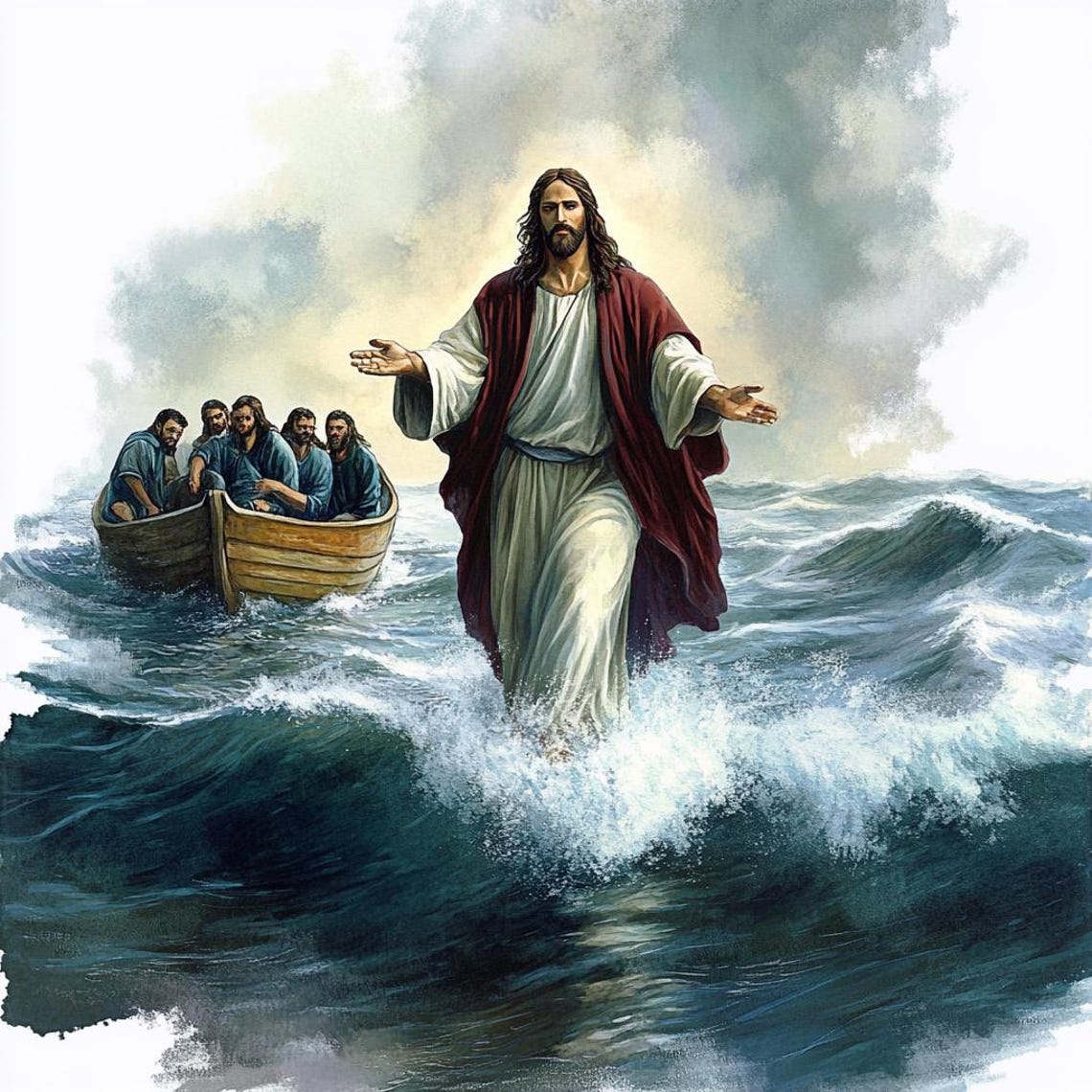 8 Jesus Walking on Water Clipart Printable Watercolor Jesus at Sea ...