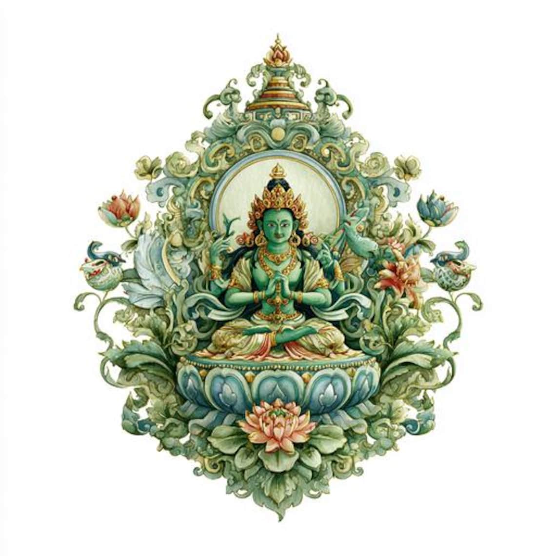 8 Green Tara Clipart, Tibetan Buddhist Goddess Pngs, Watercolor ...