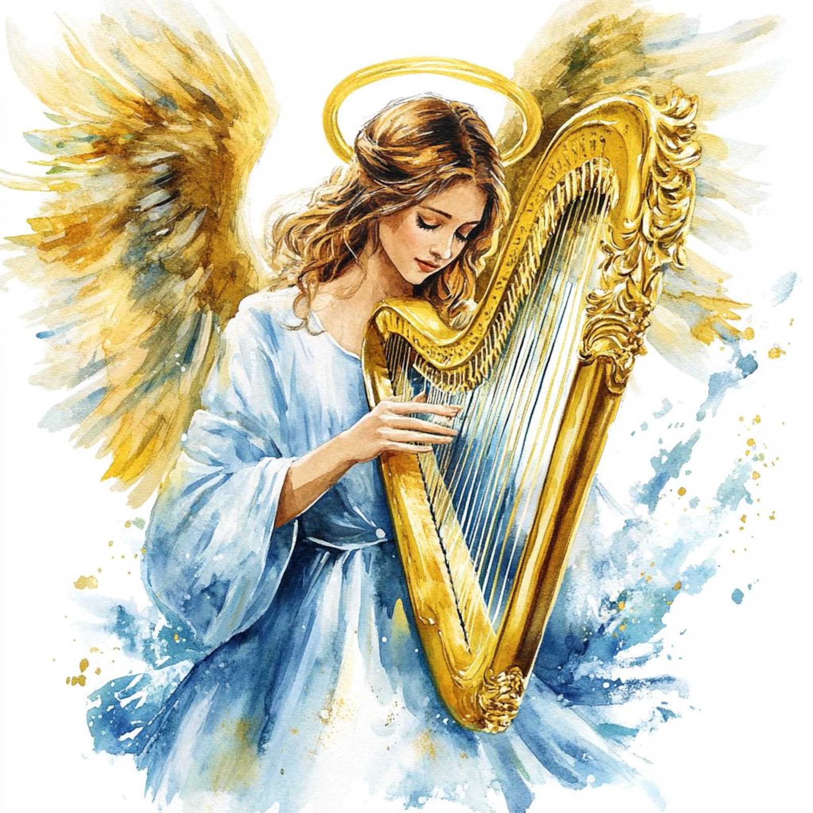 8 Music Angel Clipart Playing Harp Watercolor Digital Printable High ...