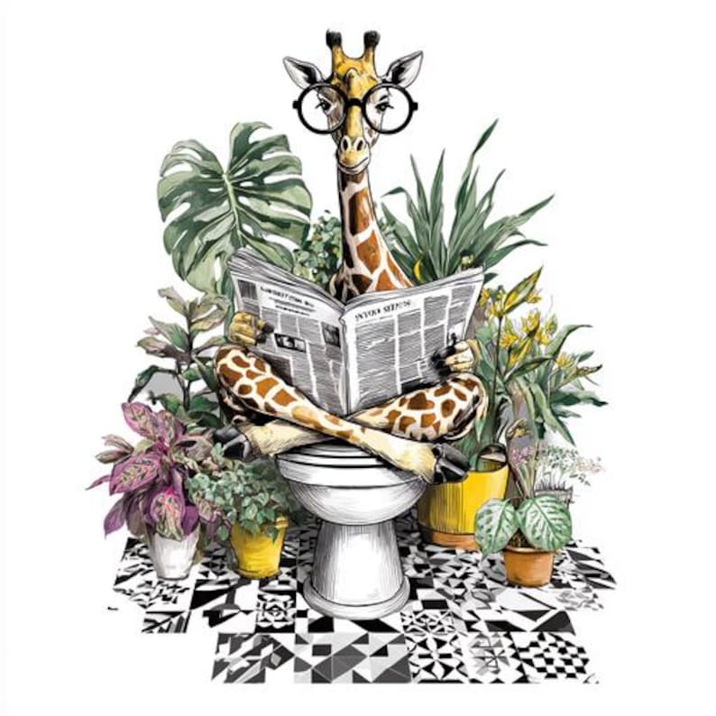 8 Quirky Giraffe on Toilet Clipart, Watercolor Printable, Funny ...