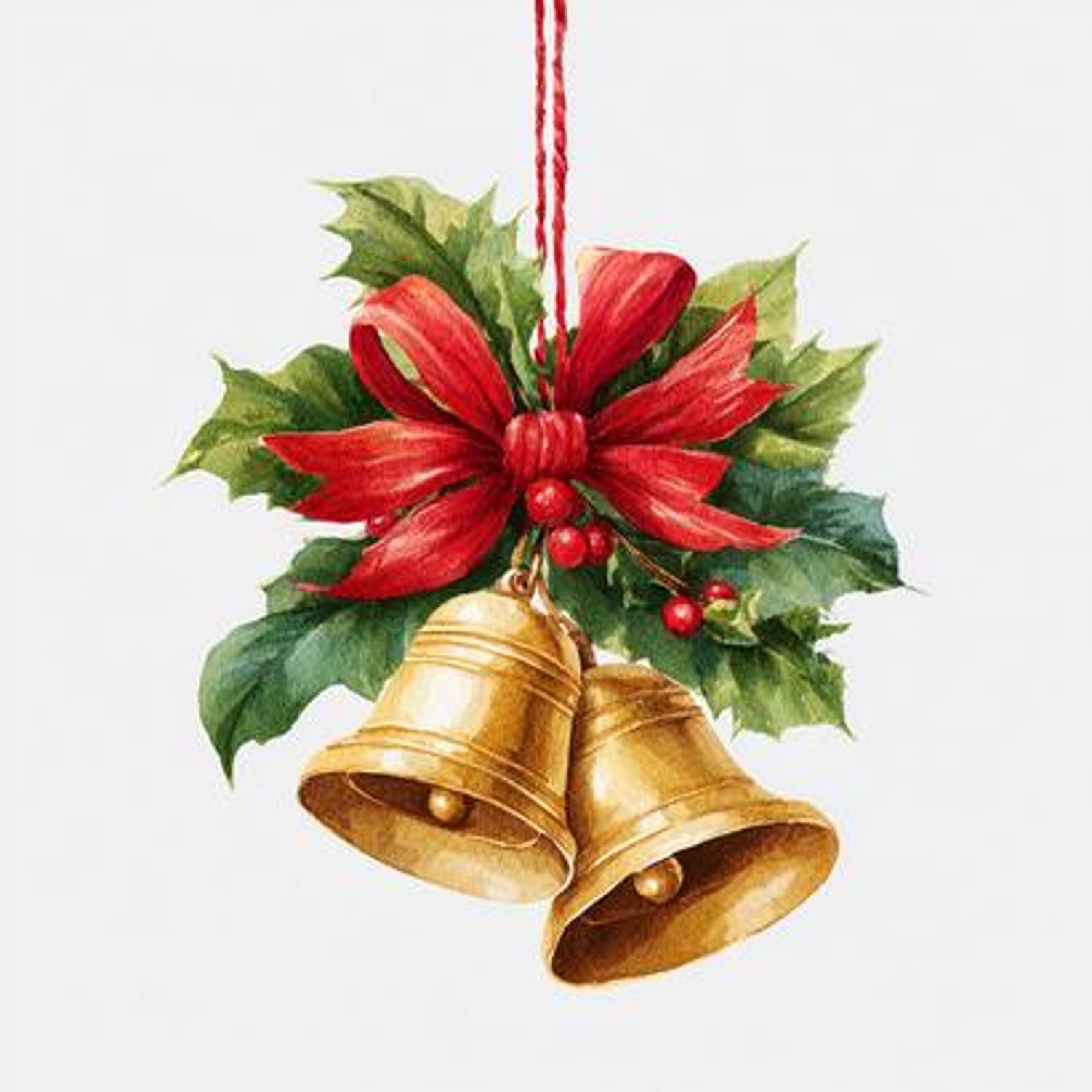 8 Christmas Bell Clipart With Red Bow Holly Watercolor Printable ...