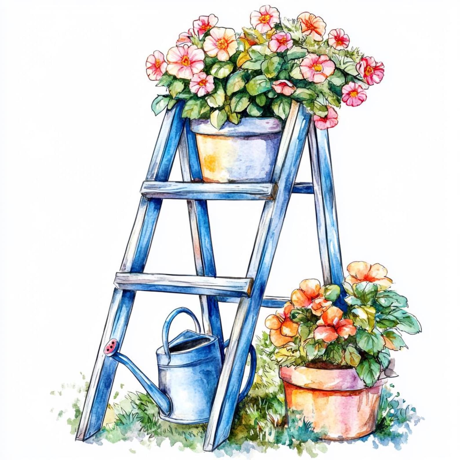8 Floral Wooden Step Ladder With Roses Flowers Watercolor Printable ...