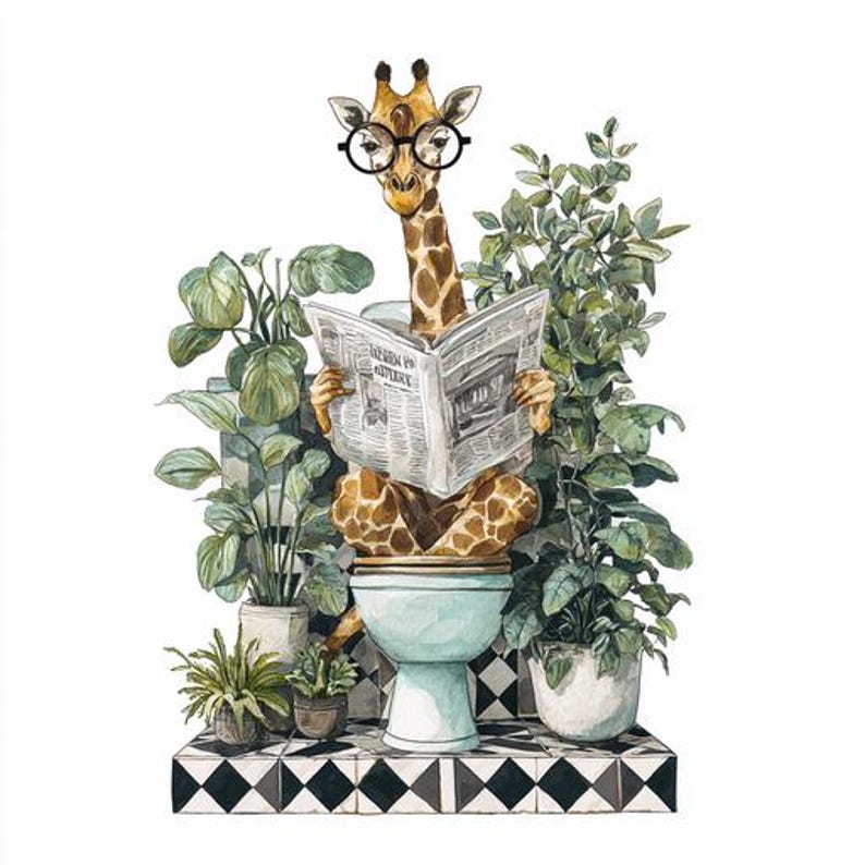 8 Quirky Giraffe on Toilet Clipart, Watercolor Printable, Funny ...