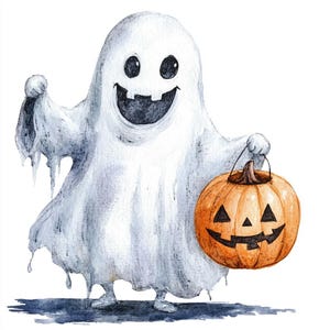 8 Cute Ghost With Pumpkin Clipart Halloween Graphic Image Illustration ...
