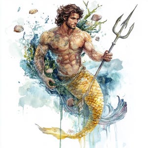 8 Mermaid Man Watercolor Clipart PNG Neptune Poseidon Ocean Under Water ...