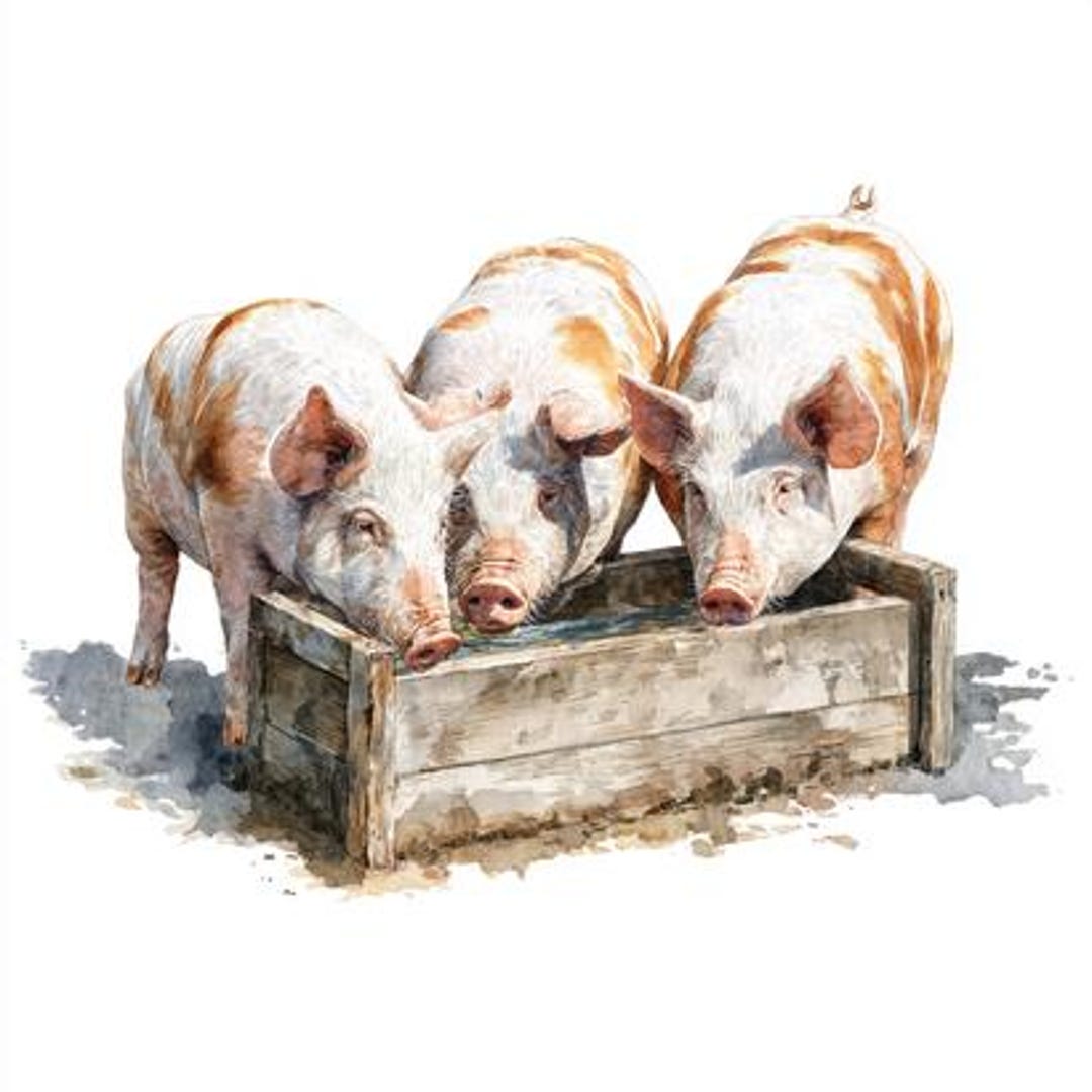 8 Pigs Drinking at Trough Clipart, Realistic Farm Animal Watercolor ...