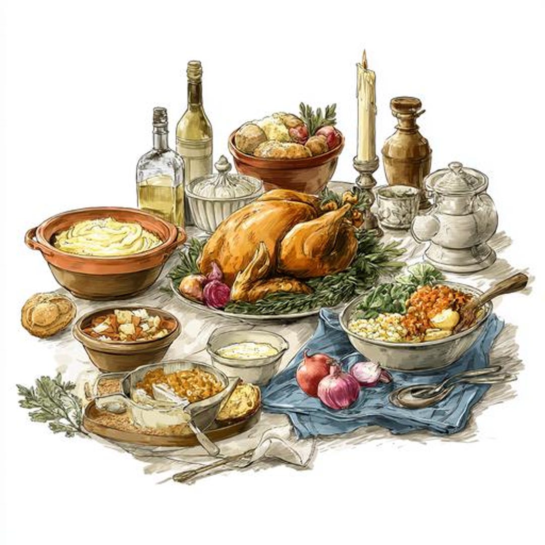 8 Thanksgiving Dinner Table Clipart, Watercolor Printable, Digital ...