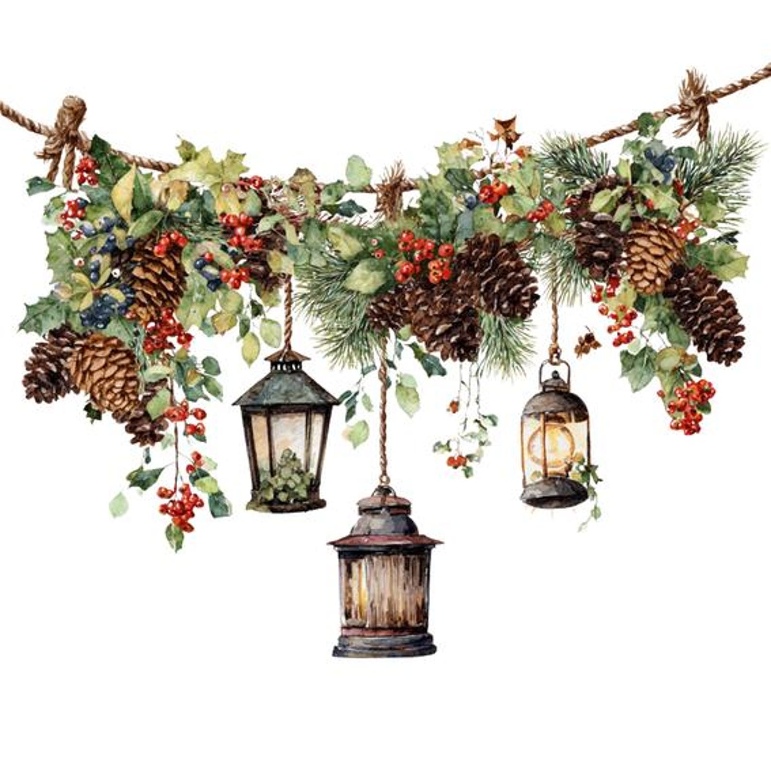 8 Rustic Christmas Border Clipart, Light Garlands Frame, Watercolor ...