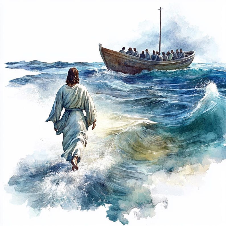 8 Jesus Walking on Water Clipart Printable Watercolor Jesus at Sea ...