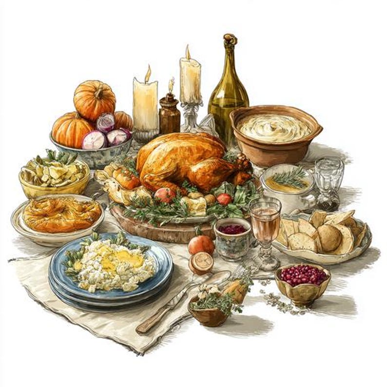 8 Thanksgiving Dinner Table Clipart, Watercolor Printable, Digital ...